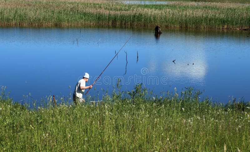 Fishing on the lake stock image. Image of grass, green - 19931445