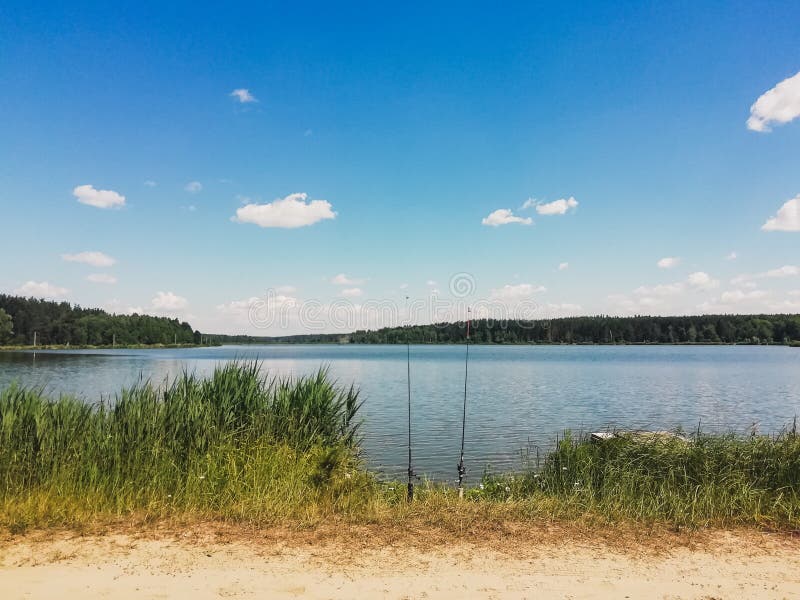 Fishing on the Lake at Sunset. Fishing Background Stock Image - Image ...