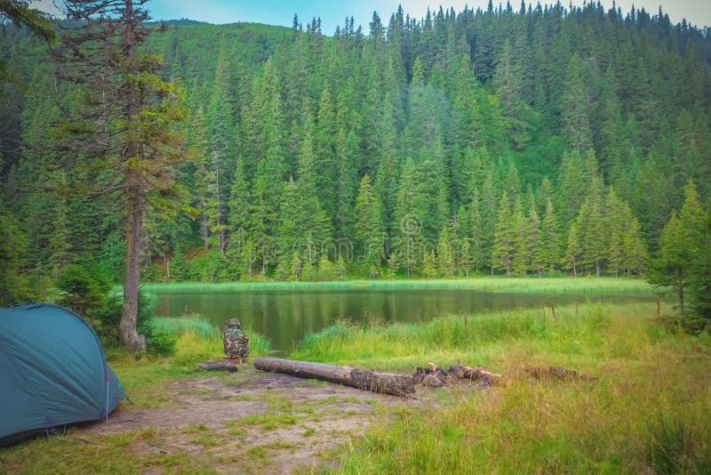 Fishing by a Large Forest Lake Stock Photo - Image of trees, landscape ...