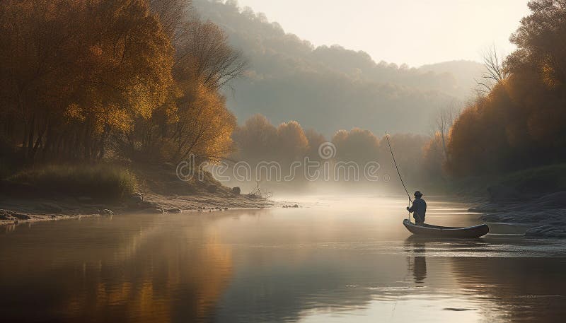 Fishing Men Rowing Canoe at Tranquil Sunrise Generated by AI Stock ...