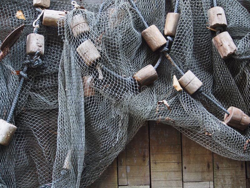 Fishing Net is Hanging on the Wooden Wall Stock Photo - Image of brown ...