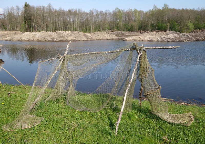 Fishing net on lake shore stock image. Image of pond - 365087987