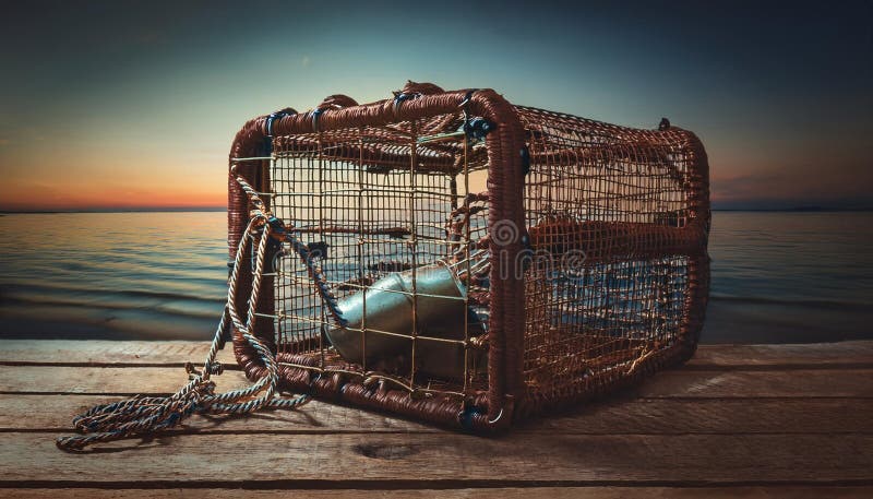A Fishing Net is Sitting on a Wooden Dock by the Water Stock ...