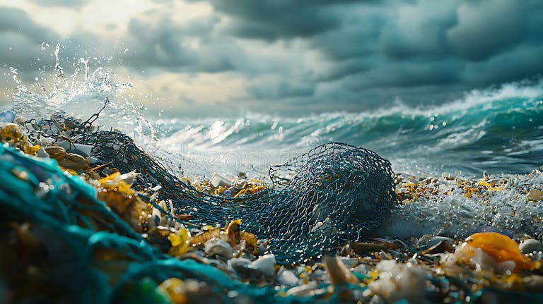Fishing Net Surrounded by Plastic Waste on Beach, Highlighting ...