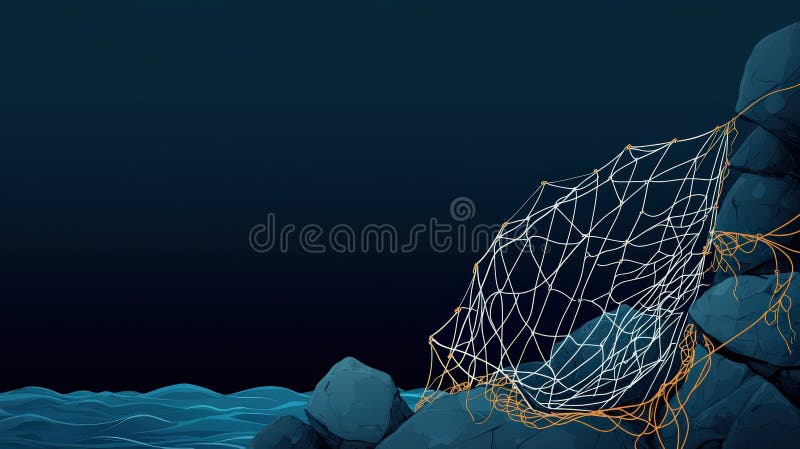 Fishing Net Tangled on Rocks by the Water Dark Blue Background Stock ...