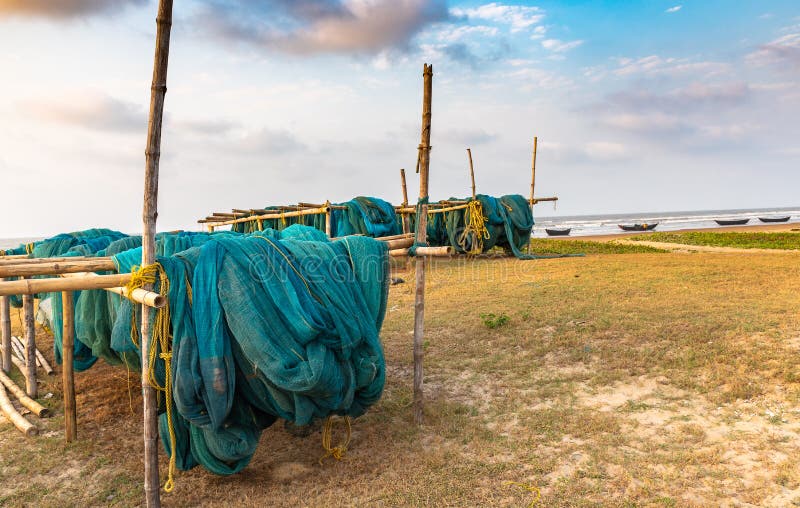 Fishing Nets on Bamboo Structures at the Seashore. Stock Image - Image ...