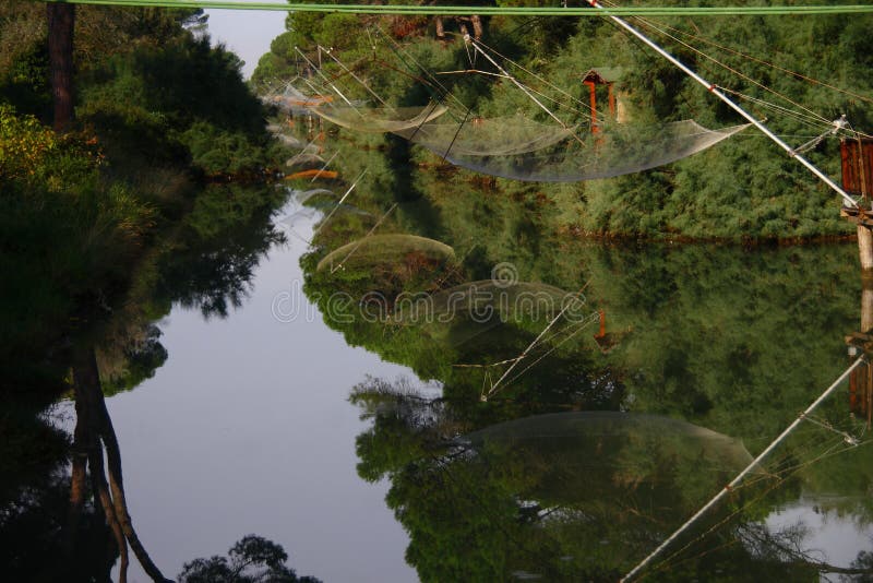 Fishing nets on the river stock image. Image of bank - 104423995