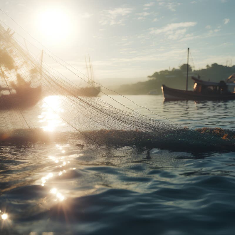 Fishing Nets on the Sea at Sunrise. Concept of Fishing Stock ...