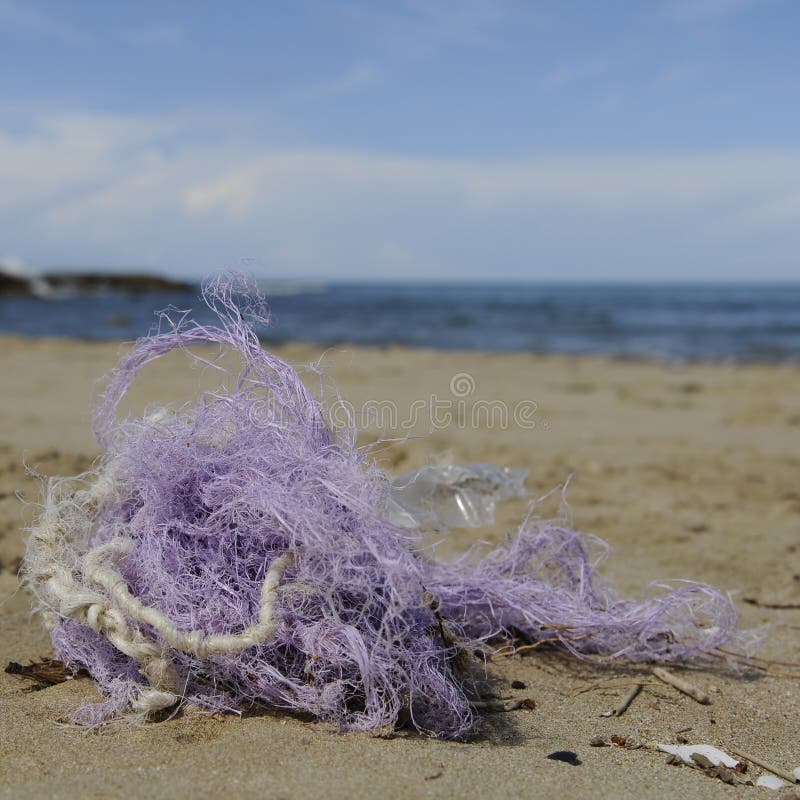 Fishing Nylon Net on the Sand. Garbage on the Beach. Dirty Sea Shore ...