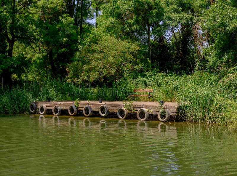 Fishing Pier on the River with a Bench Stock Image - Image of green ...
