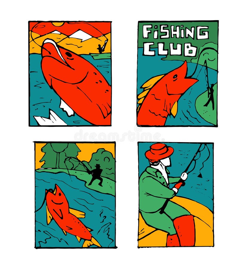 Fishing poster set stock illustration. Illustration of river - 111572880