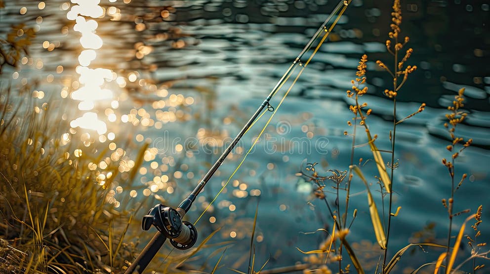 Fishing Rod on the Background of the Lake, Fishing Tackle Stock Image ...
