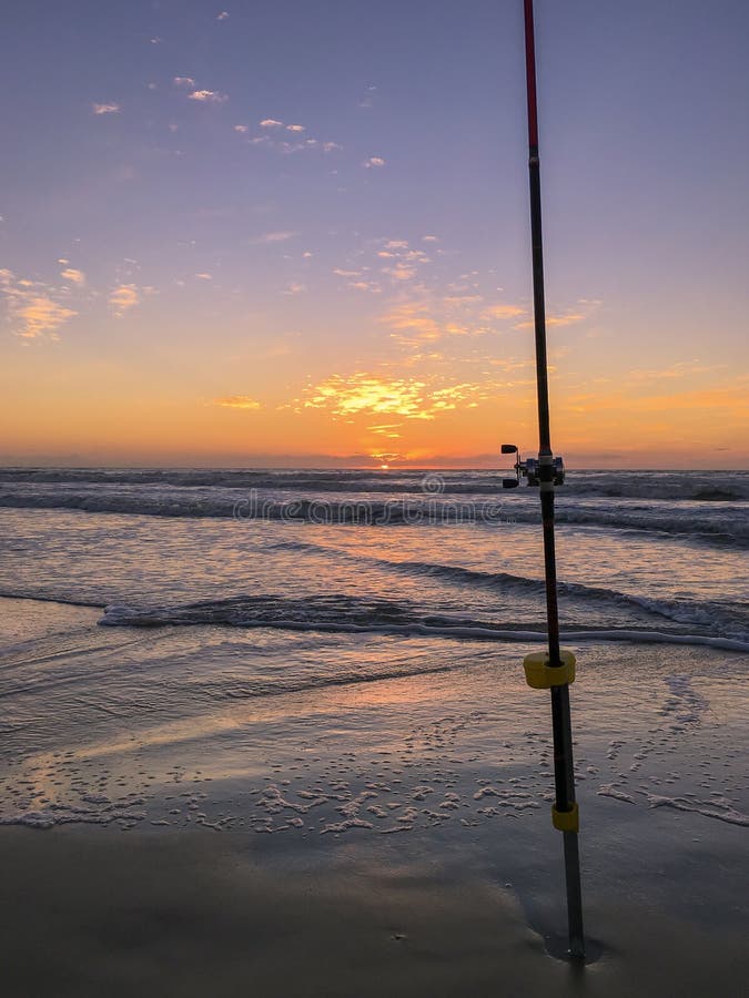 Fishing Rod on Beach at Sunset, Surfing Cast Stock Image - Image of ...