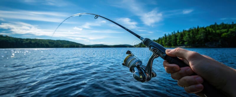 The Fishing Rod Cast Over the Calm Lake Waters at Sunset AI Generated ...