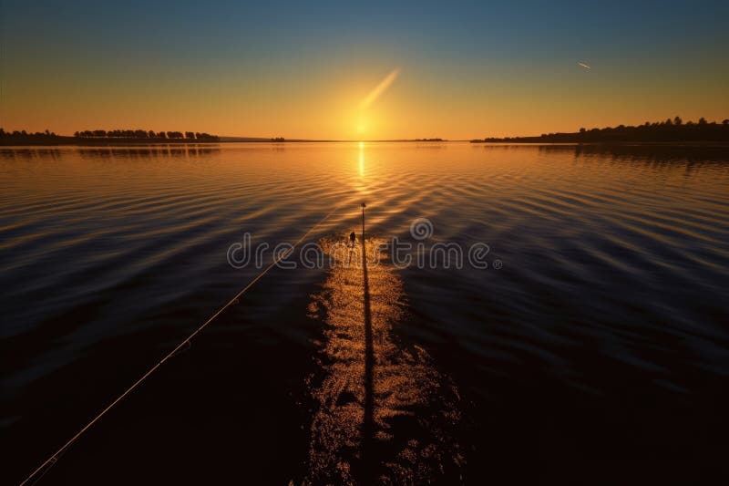 Fishing Rod Casting Shadow on Lake Surface during Golden Hour Stock ...