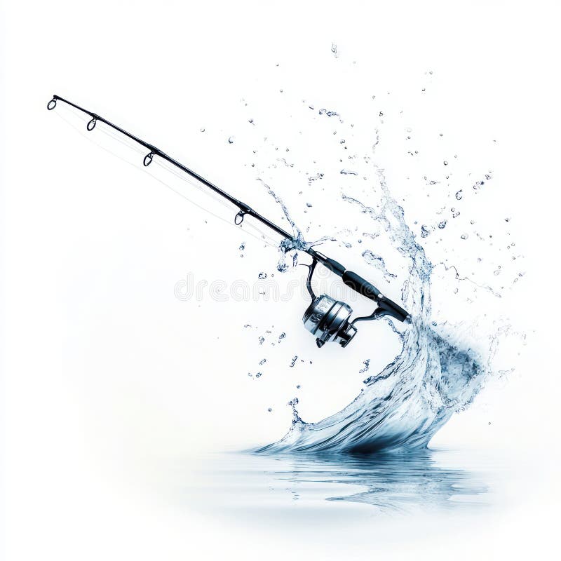 Fishing Rod Emerging from Water with Dynamic Splash Isolated on White ...