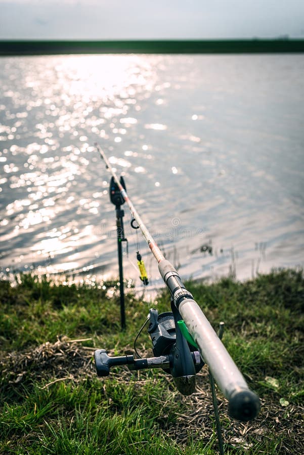 Fishing Rod on the Grass Near the Lake Stock Photo - Image of sunset ...