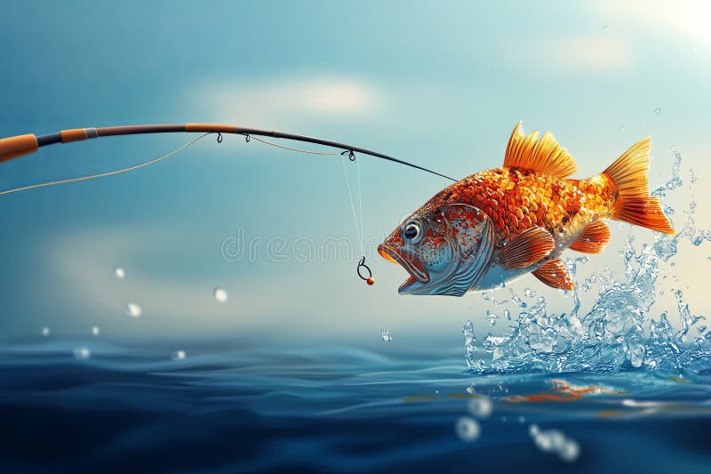 A Fishing Rod with a Hooked Fish Emerging from the Water, Styled Stock ...