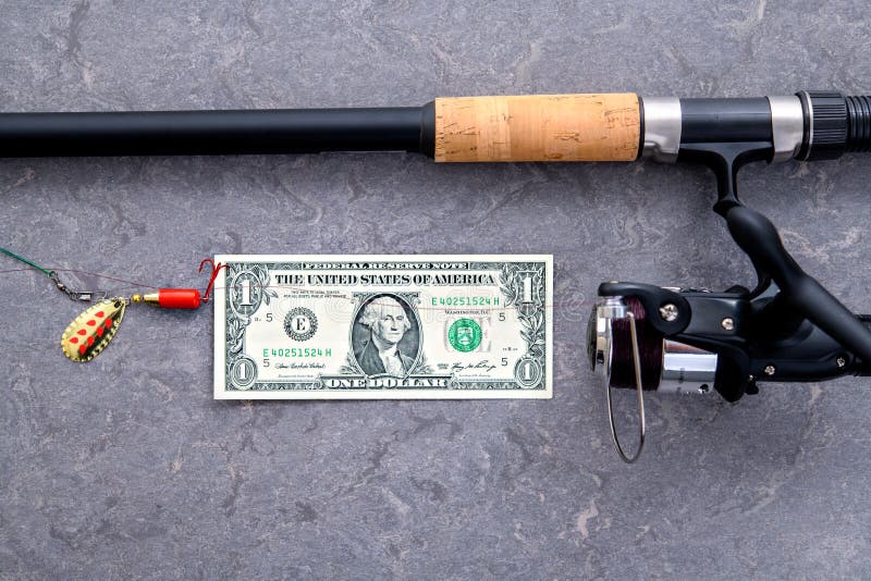 Man with Fishing Rod and Money in Blue Plaid Shirt Stock Image - Image ...