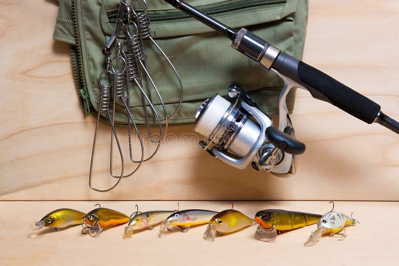 Fishing Rod and Reed on Wooden Background. Stock Image - Image of ...