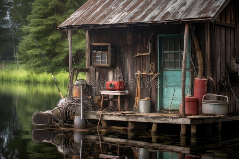 Fishing Rod and Reel beside a Rustic Wooden Cabin Stock Photo - Image ...