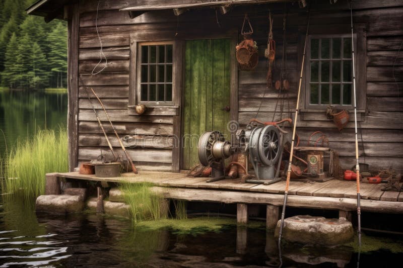Fishing Rod and Reel beside a Rustic Wooden Cabin Stock Image - Image ...