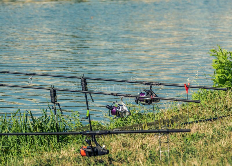 Fishing Rod with Spinning and Reel at the Edge of a Lake Stock Image ...