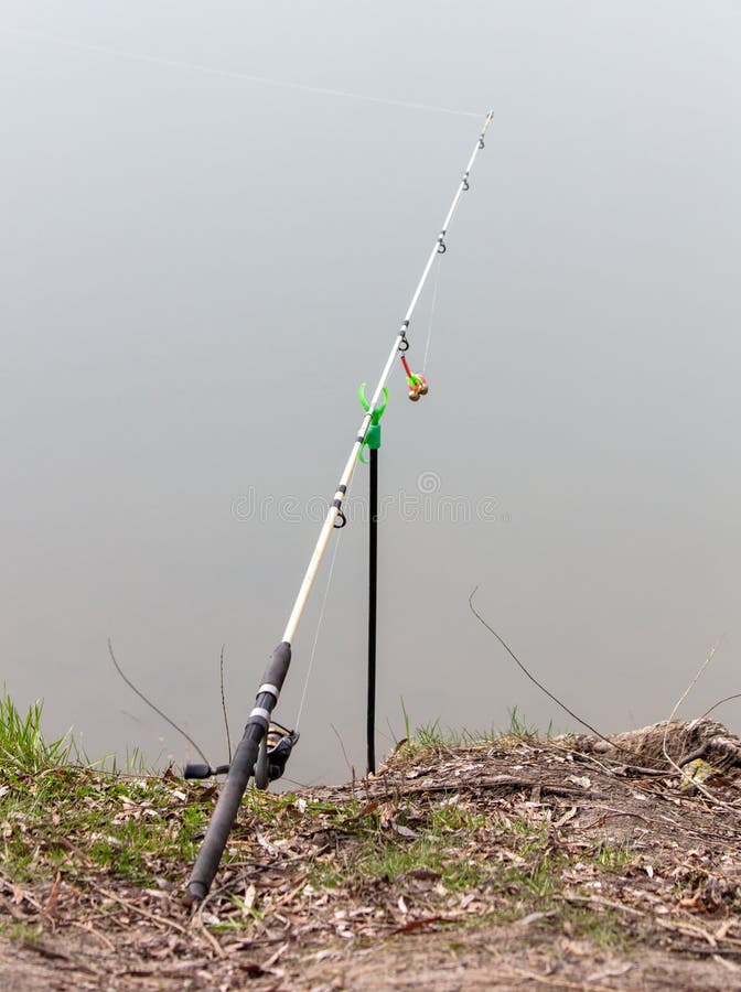 The Fishing Rod Stands on the Shore of the Lake Stock Photo - Image of ...