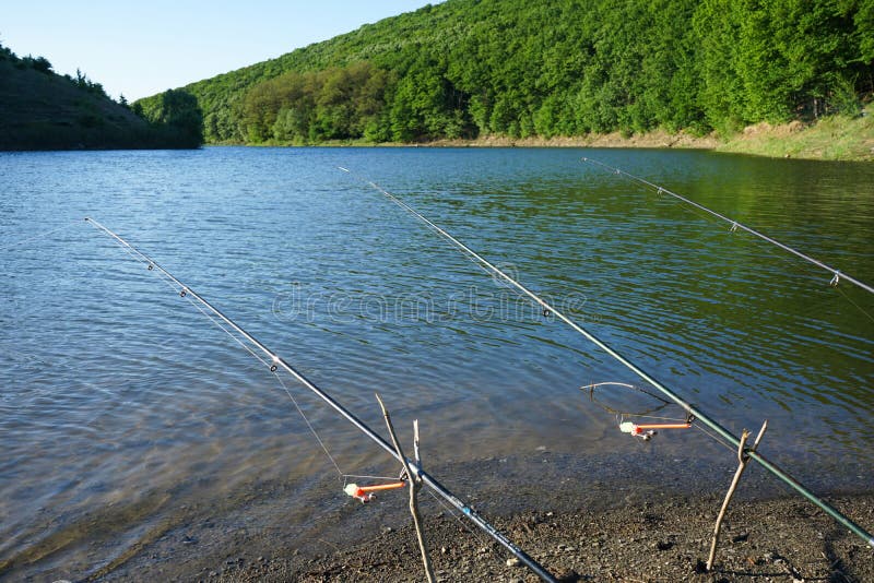 Fishing Rods and Fishing Tackle on the River Bank. Beautiful Nature ...
