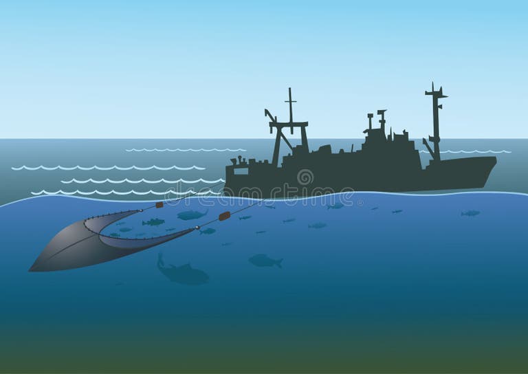 Fishing Boat Pulls Trawl Net Capturing Fish Stock Illustrations – 1 ...