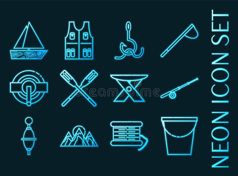 Fishing Set Icons. Blue Glowing Neon Style Stock Vector - Illustration ...