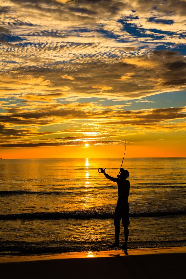Fishing Rod Silhouette During Sunset. Fishing Pole Against Ocean At ...