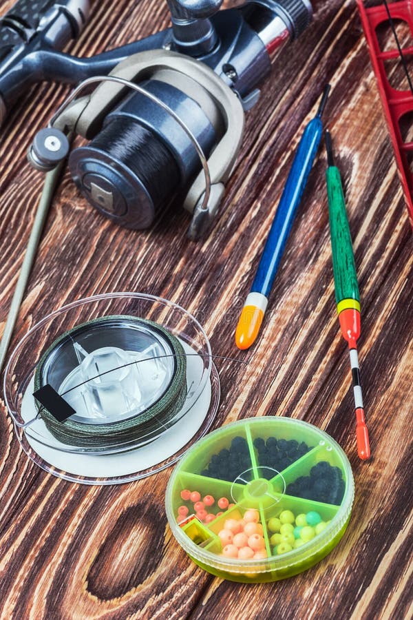 Fishing Tackle on a Wooden Table Stock Photo - Image of fully, macro ...