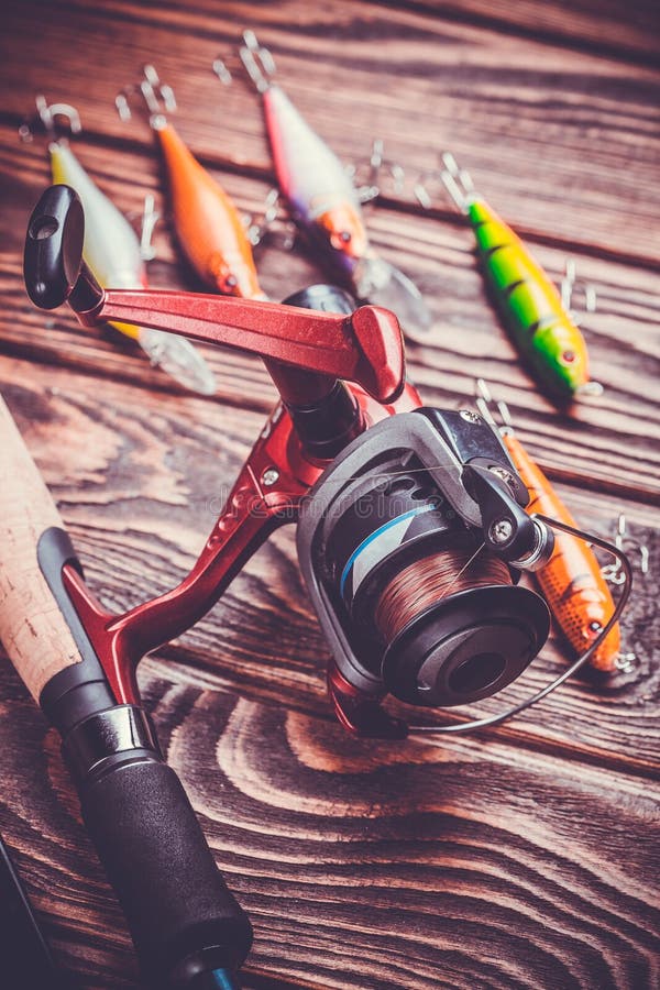 Fishing Tackle on a Wooden Table Stock Photo - Image of season ...