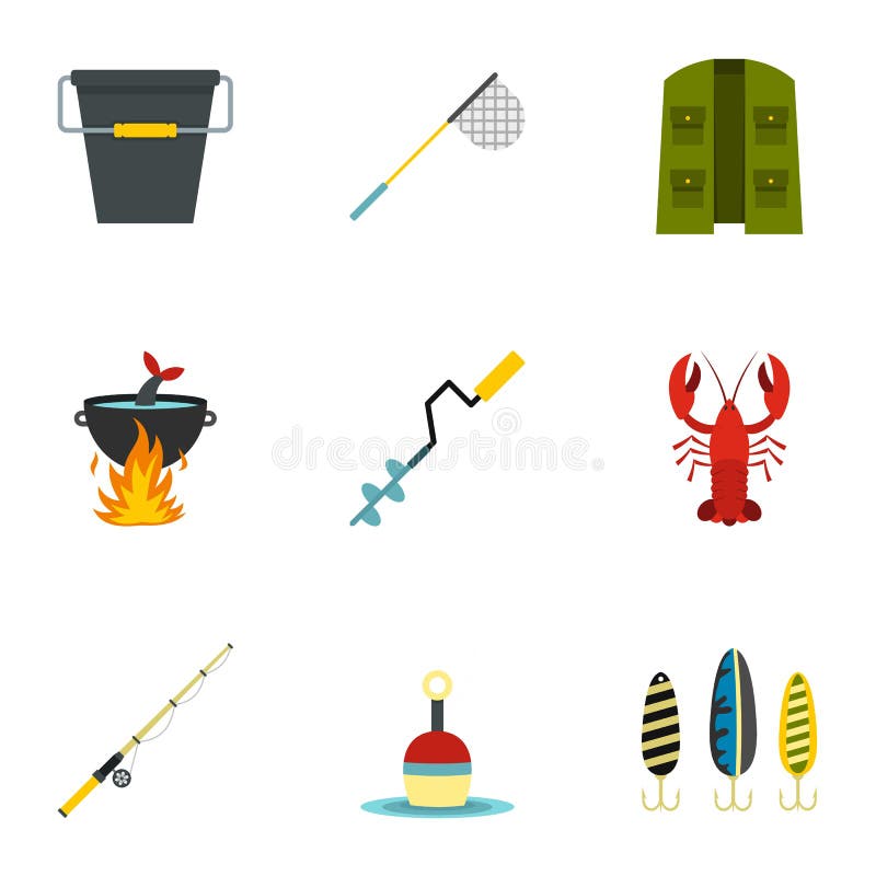 Fishing Tackles Icons Set, Flat Style Stock Vector - Illustration of ...