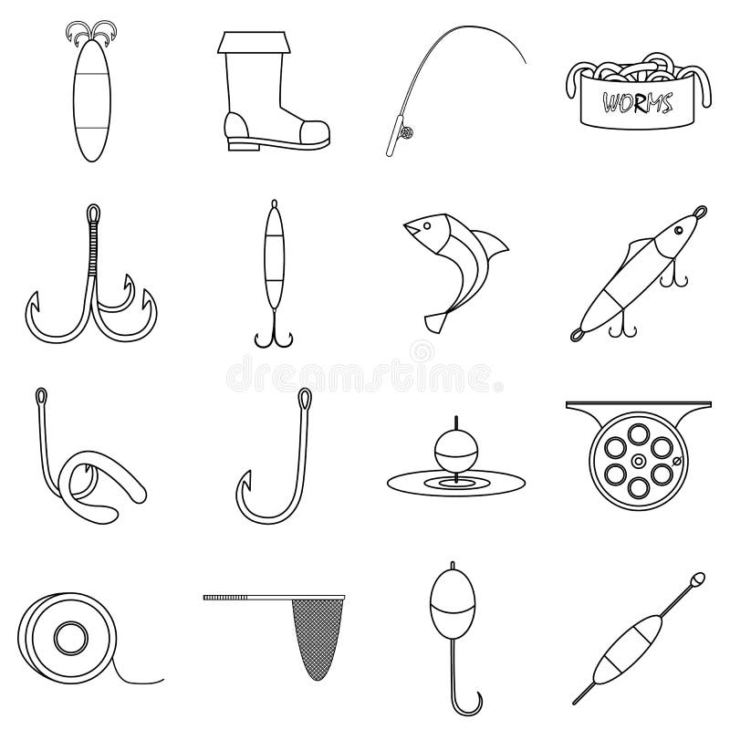 Fishing Tools Items Icons Set, Outline Style Stock Vector ...