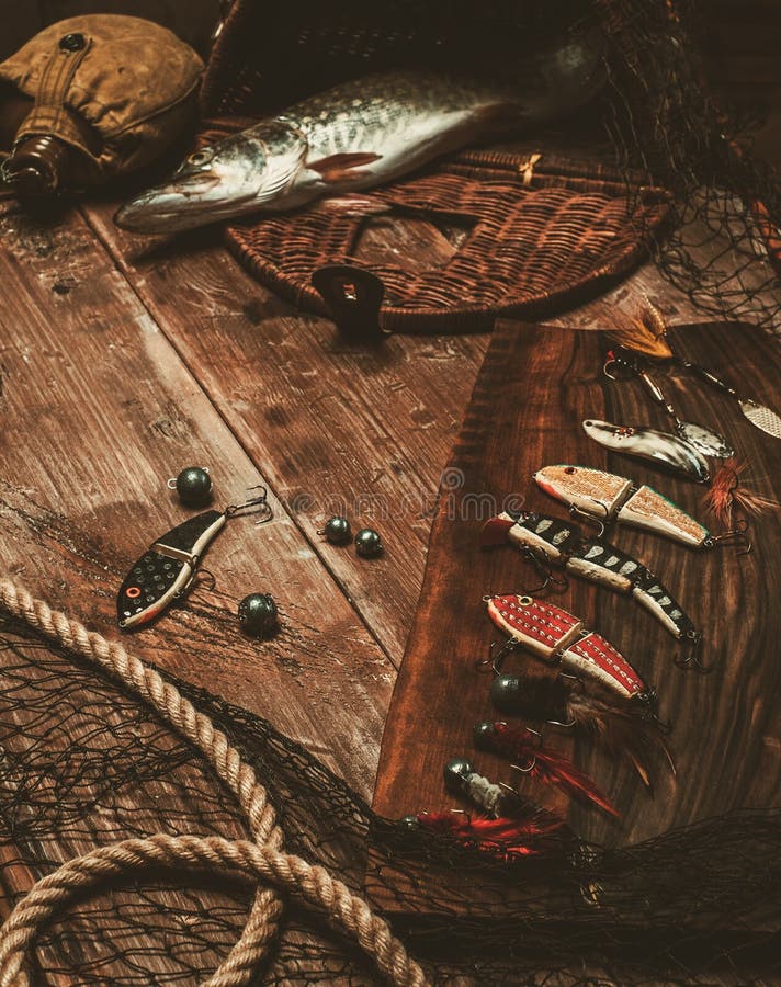 Fishing Tools on a Wooden Table Stock Image - Image of flask, fish ...