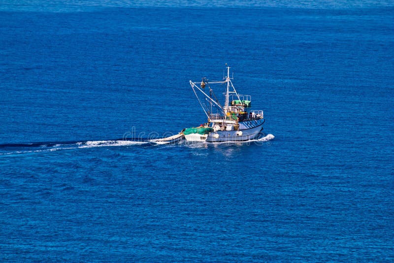 Fishing Trawler Open Water Aerial View Stock Image - Image of boat ...