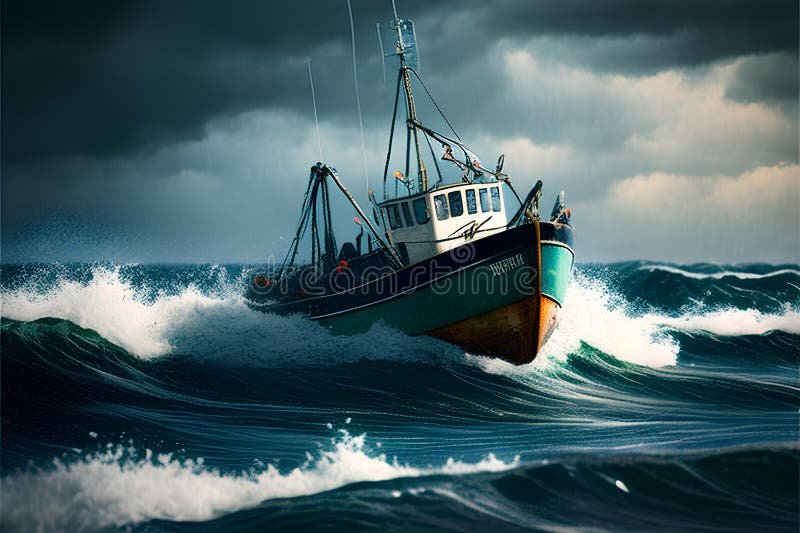 Fishing Trawler in Stormy Sea with Waves and Stormy Sky Stock ...