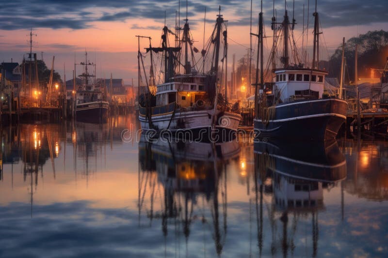 Fishing Trawlers Reflection on Water during Twilight Stock Illustration ...
