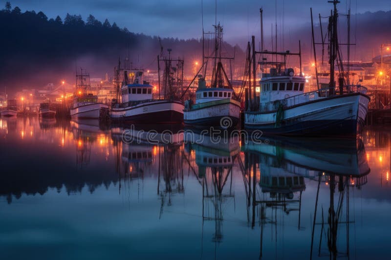 Fishing Trawlers Reflection on Water during Twilight Stock Illustration ...