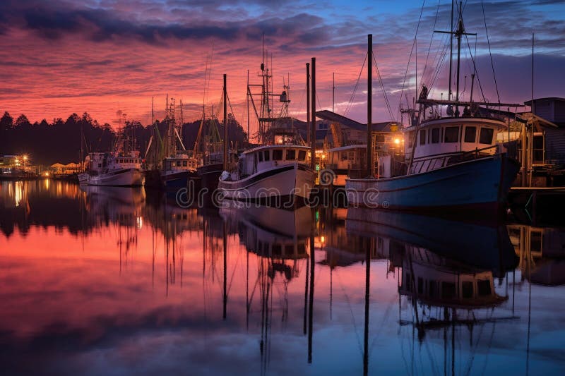 Fishing Trawlers Reflection on Water during Twilight Stock Illustration ...