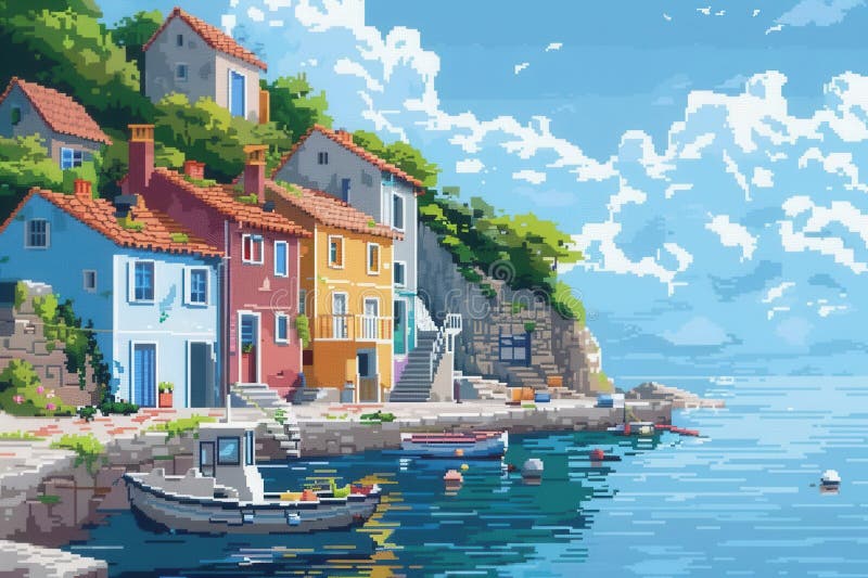 Fishing Village Flat Design Front View Coastal Theme Pixel Art 3D ...