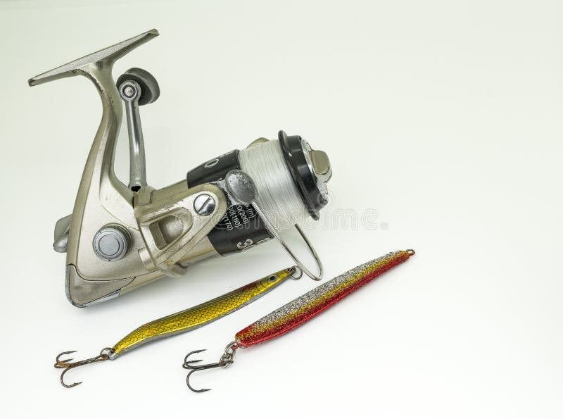 Fishing Wheel with Two Lures Isolated on White Stock Photo - Image of ...