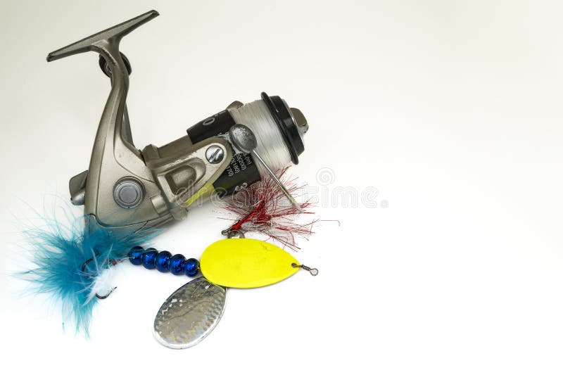Fishing Wheel with Two Lures Isolated on White Stock Image - Image of ...