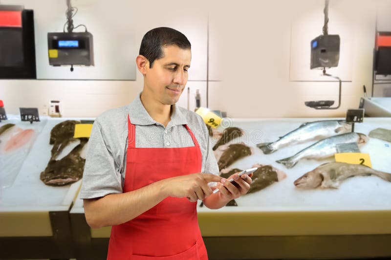 Fishmonger Using Smartphone Stock Photo - Image of customer, hand ...