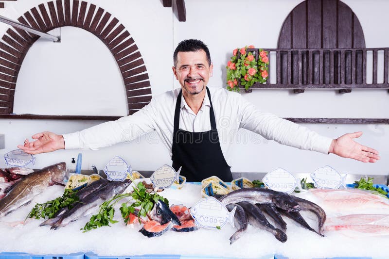 Fishmonger stock photo. Image of purchase, shop, older - 82491680