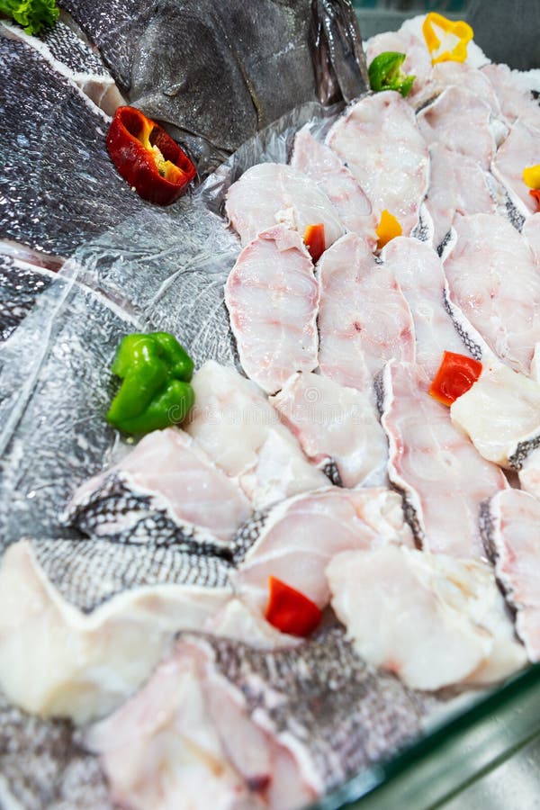 Fishmonger Shelf in Supermarket with Fresh Fish Stock Photo - Image of ...