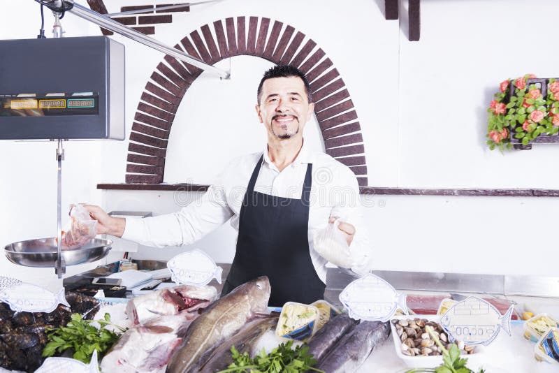 Fishmonger stock photo. Image of overfishing, retail - 63627436
