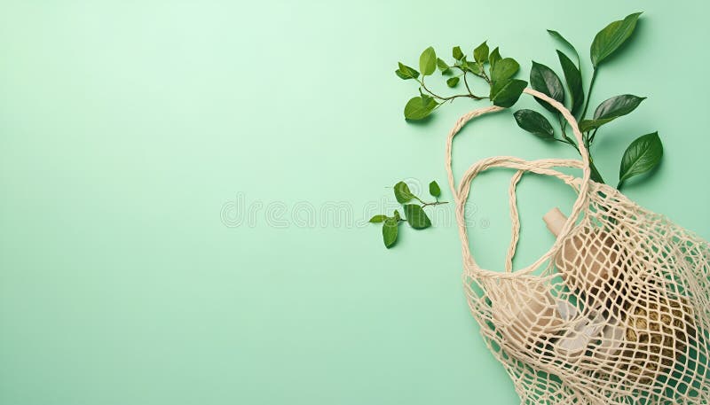 Fishnet Bag with Different Items and Green Twig on Color Background ...